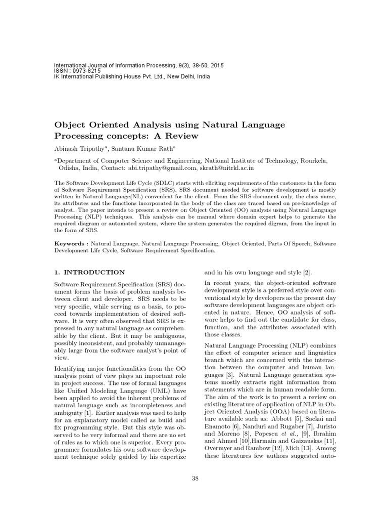 Object Oriented Analysis Using Natural Language Processing Concepts A Review Download Free