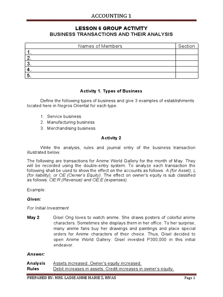Lesson 6 Activity On Business Transactions and Their Analysis | PDF ...