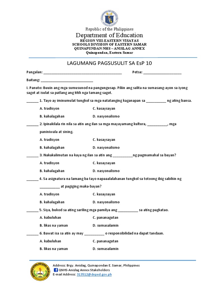 Summative ESP 10 | PDF