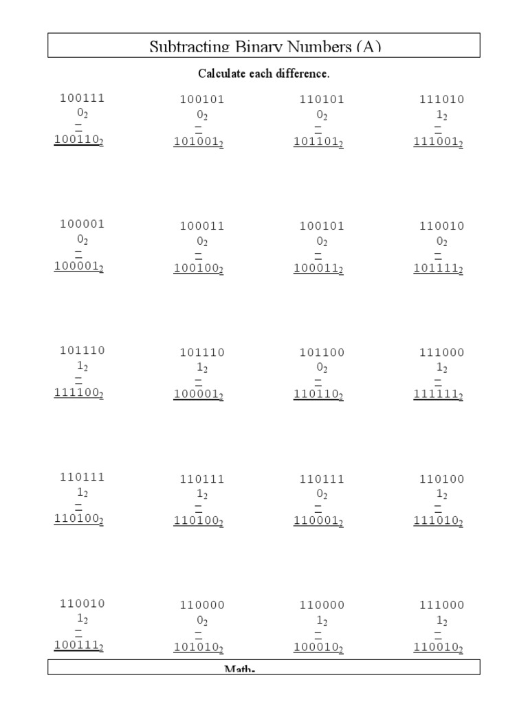 Subtracting Base System 02 Binary 6digit All.1455811469 | PDF