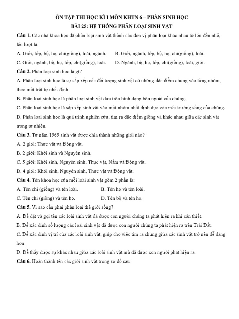 NỘI DUNG ÔN TẬP MÔN KHTN 6 - PHẦN SINH HỌC | PDF