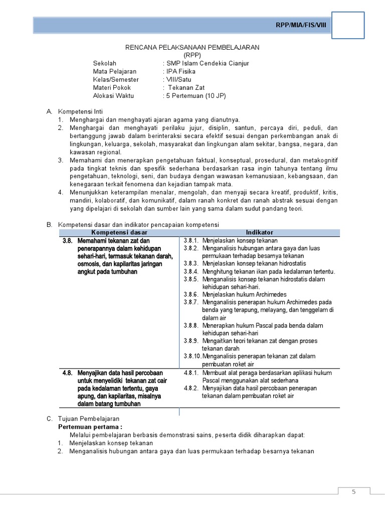 RPP Bab 4 Tekanan Zat | PDF