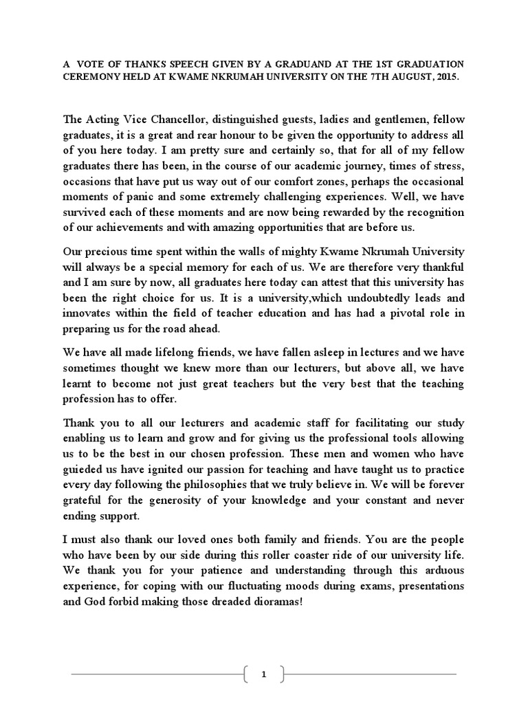 A Vote of Thanks Speech Given by A Graduand at The 1ST Graduation ...