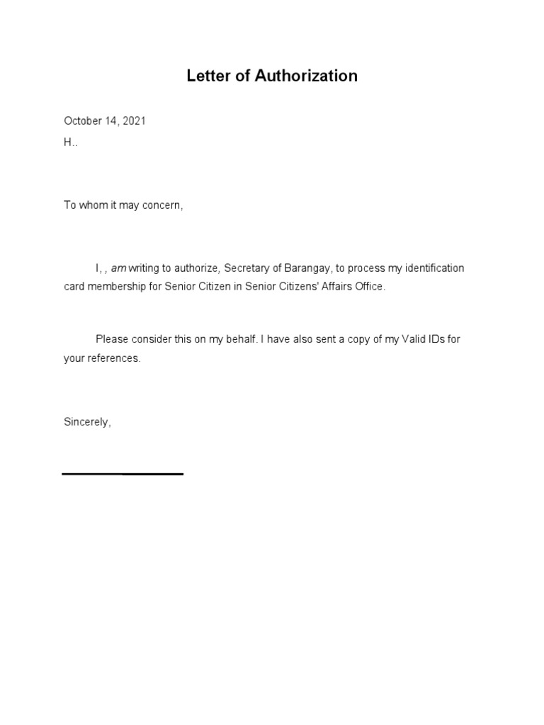 Senior Citizen ID Authorization Letter | PDF