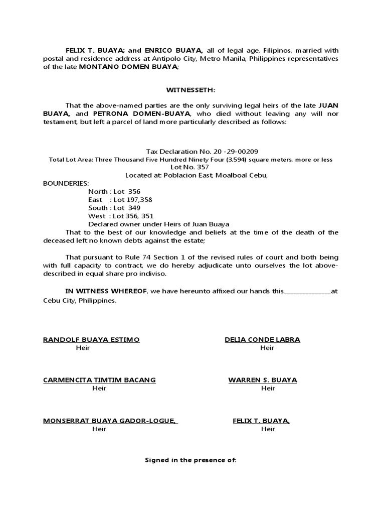 DEED OF EXTRAJUDICIAL SETTLEMENT AMONG HEIRS Moalboal3 | PDF | Civil ...
