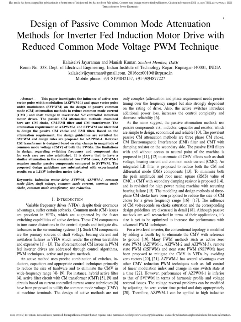 Design of Passive Common Mode Attenuation Methods For Inverter Fed Induction Motor Drive | PDF ...