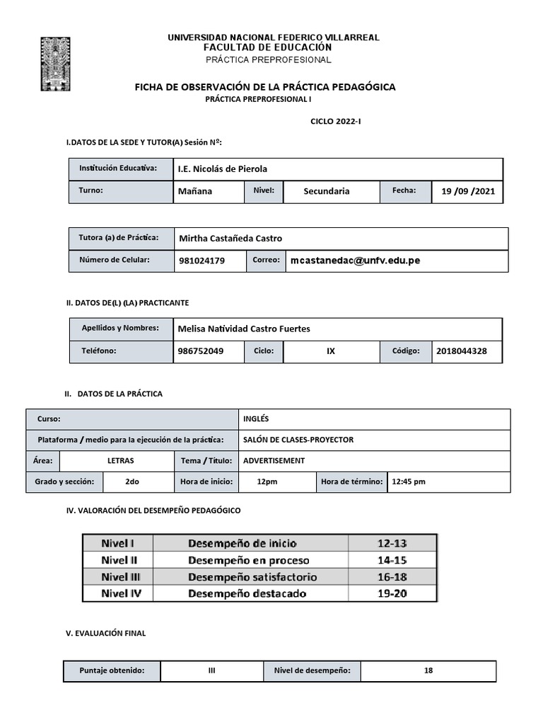 Ficha de Observación de La Práctica Pedagógica: I.E. Nicolás de Pierola Mañana Secundaria 19 /09 ...