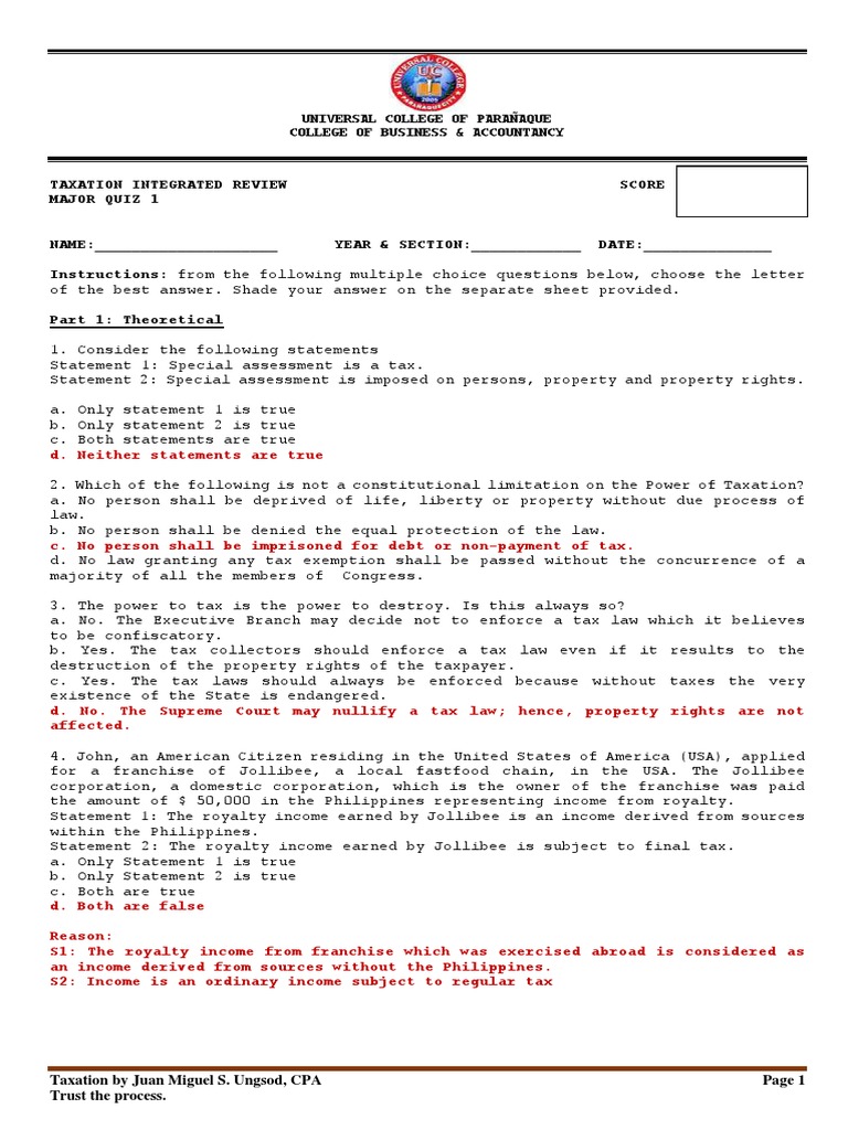TAX Major Quiz 1 Answer Key | PDF | Taxes | Taxation In The United States