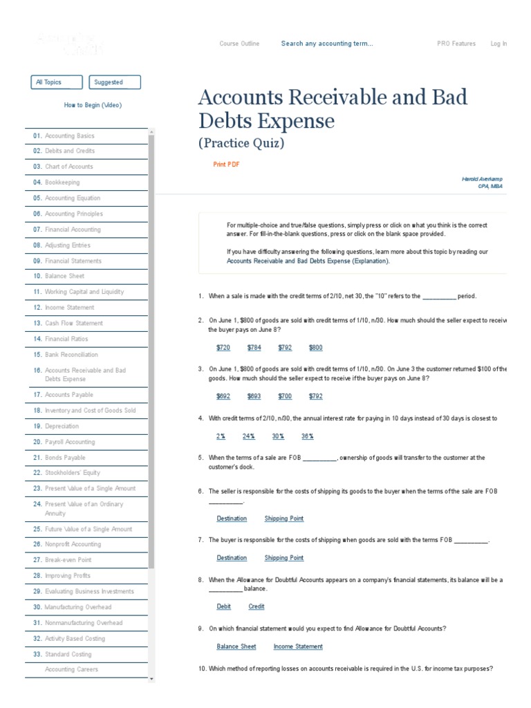 Accounts Receivable and Bad Debts Expense 1 | PDF | Debits And Credits | Financial Economics