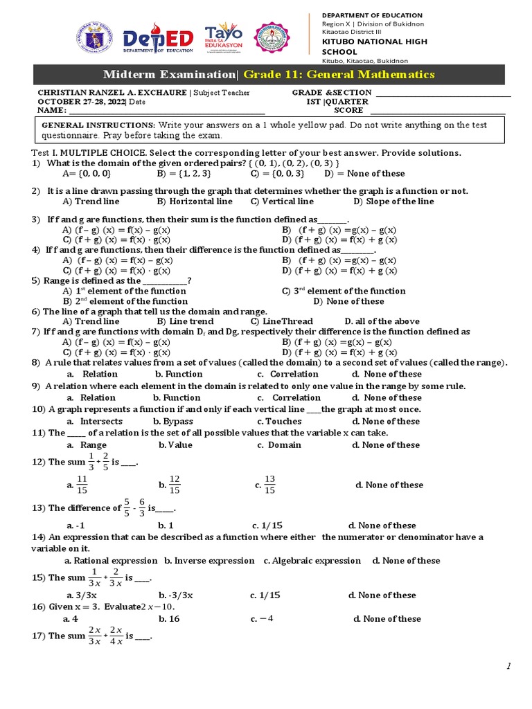 Gen-Math-Midterm-MIDTERM EXAM | PDF | Function (Mathematics) | Mathematical Objects