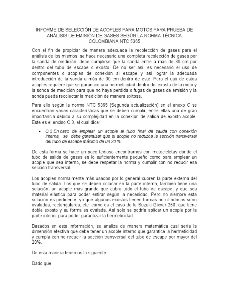Informe de Selección de Acoples para Motos para Prueba de Análisis de Emisión de Gases Según La ...