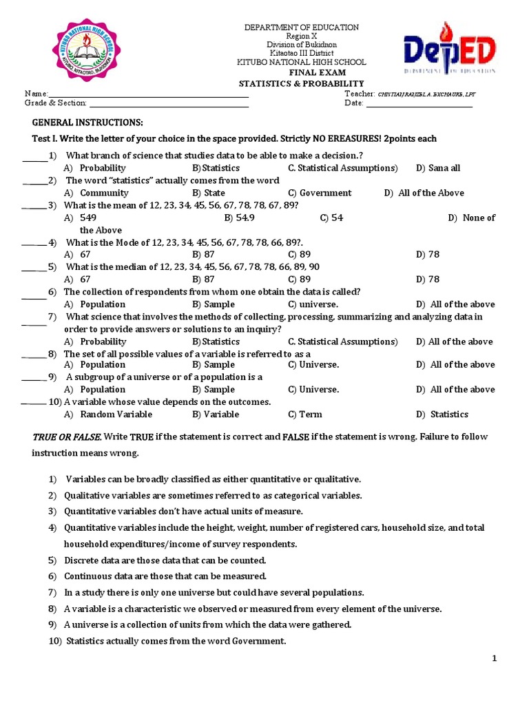 Statistics & Probability Unit Test | PDF | Statistics | Categorical ...