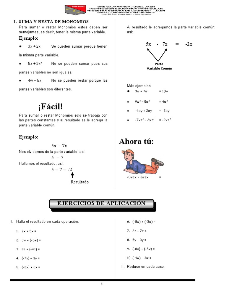 Suma y Resta de Monomios 1 | PDF | Álgebra | Álgebra abstracta