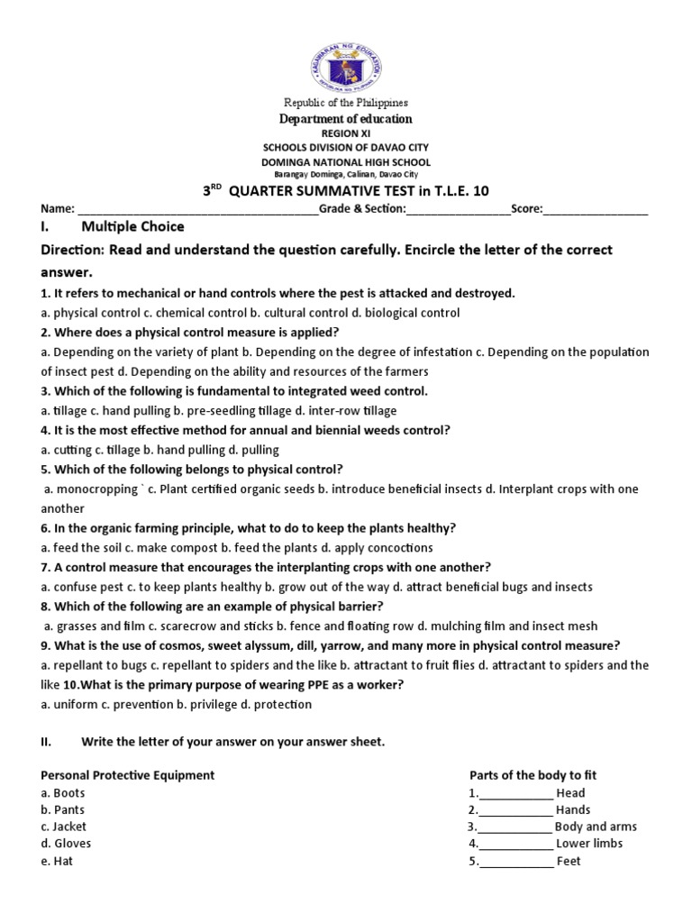 Tle 10 Summative Test-Q2 | PDF | Personal Protective Equipment | Pest ...