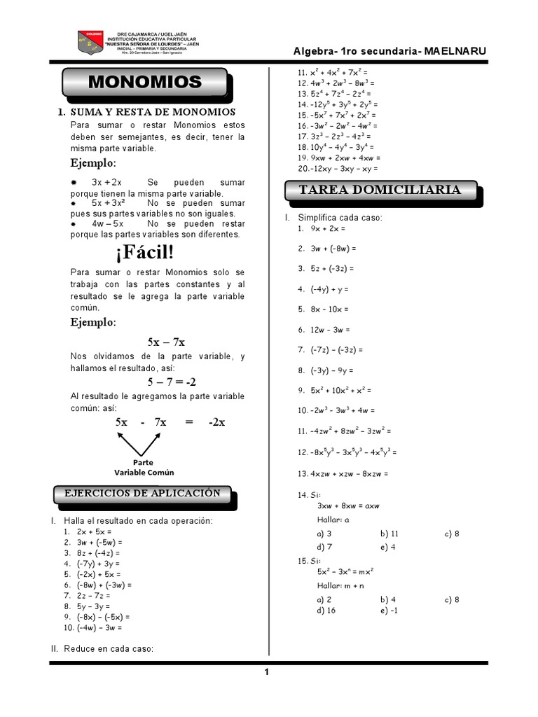 Suma y Resta de Monomios | PDF | Álgebra | Matemáticas