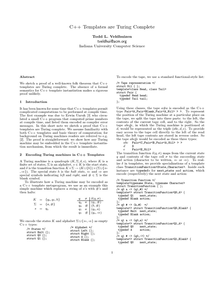 C++ Templates Are Turing Complete | PDF | C++ | Theory Of Computation C++ Templates Are Turing Complete | PDF | C++ | Theory Of Computation