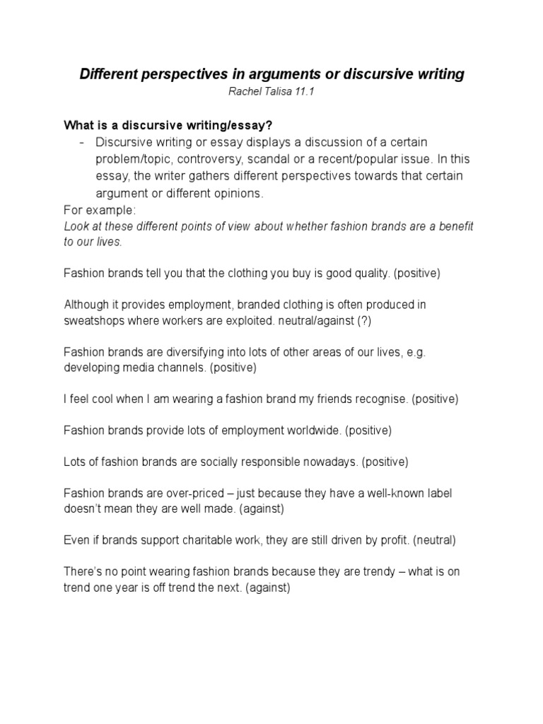 Different Perspectives in Arguments or Discursive Writing | PDF | Fashion | Essays