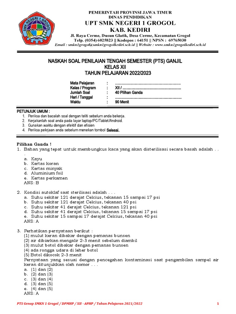 Format Naskah Soal PTS Ganjil Tp. 2022-2023 | PDF