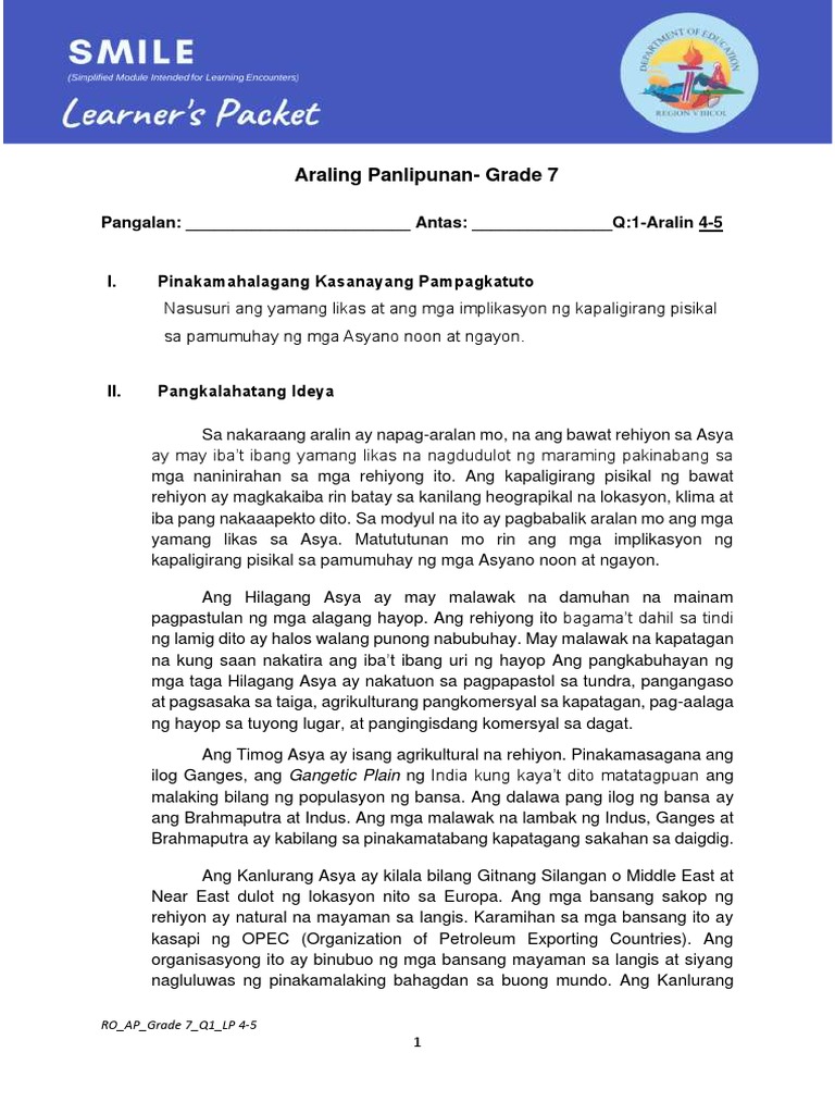 SMILE LP Araling Panlipunan - G7 - Q1 - W4 5 | PDF