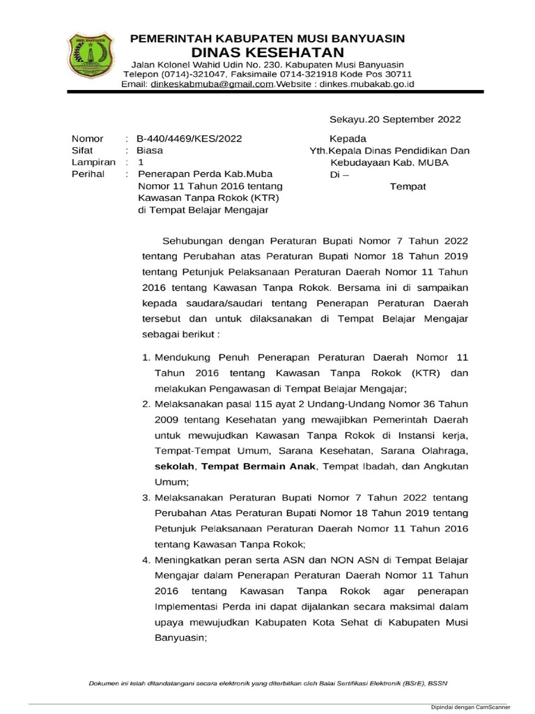 Surat Himbauan Penerapan Perda KTR Ke Sekolah | PDF