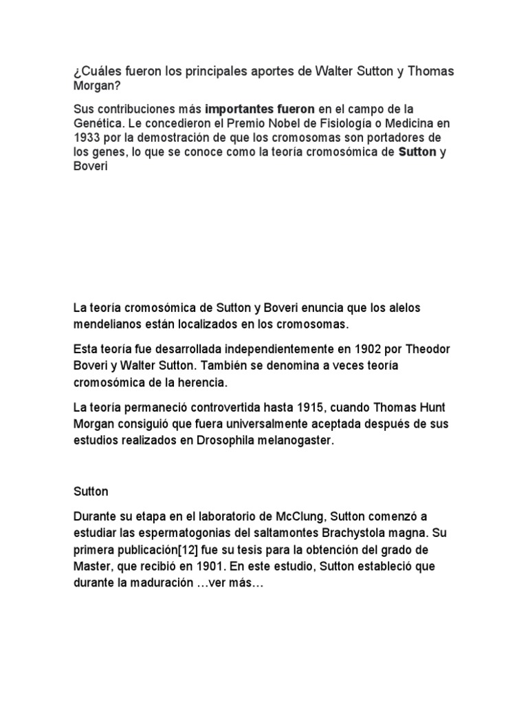Cuáles Fueron Los Principales Aportes de Walter Sutton y Thomas Morgan ...