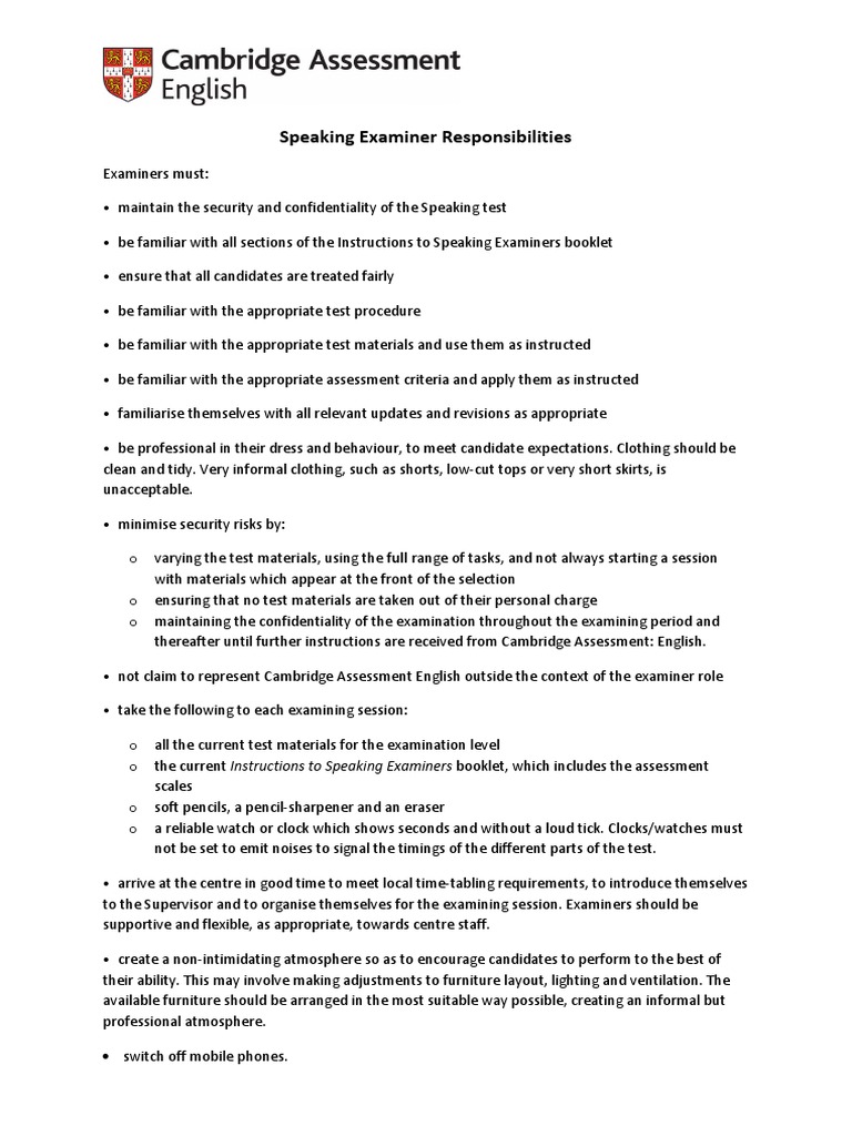 Speaking Examiner Responsibilities - FINAL Version 2 | PDF
