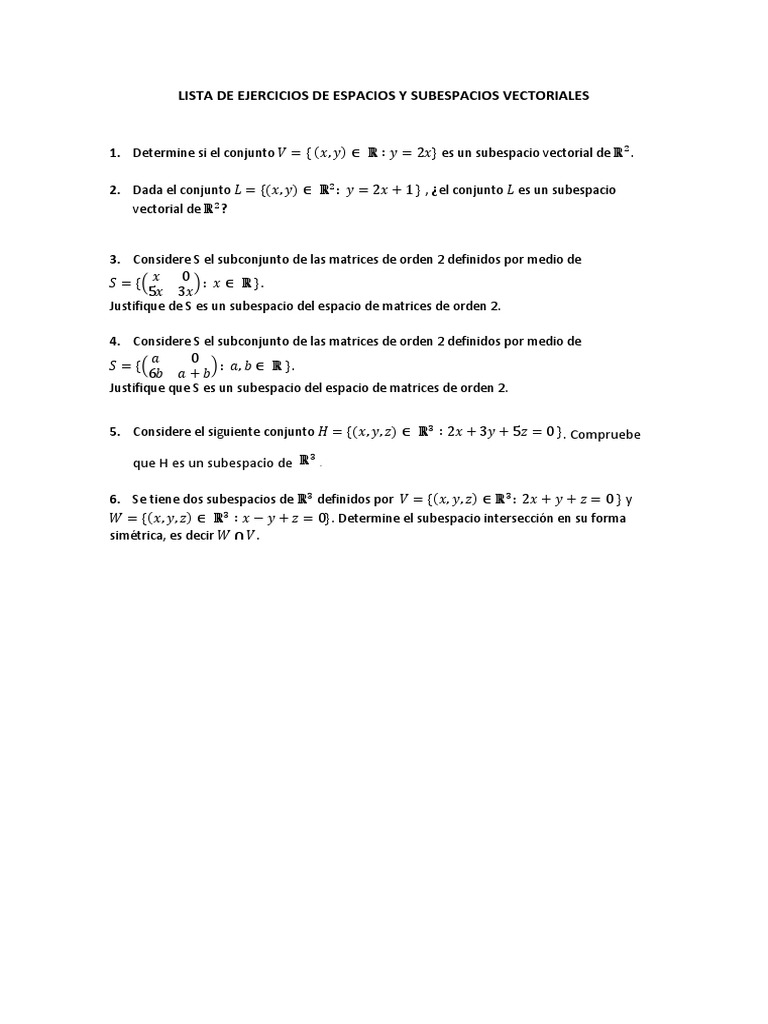 Lista De Ejercicios De Espacios Y Subespacios Vectoriales Pdf