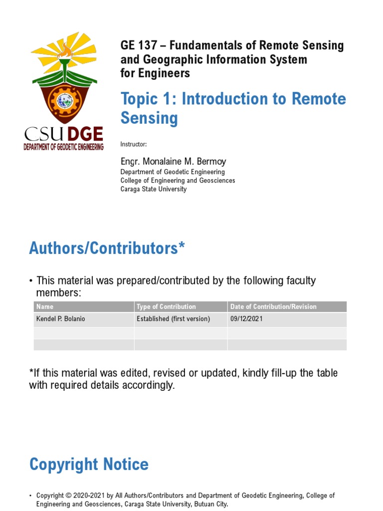 GE 137 - Lecture 1 - Introduction To Remote Sensing | PDF ...