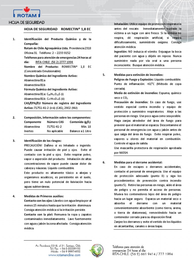 Hoja de Seguridad Romectin 1.8 Ec | PDF | Agua | Pesticida