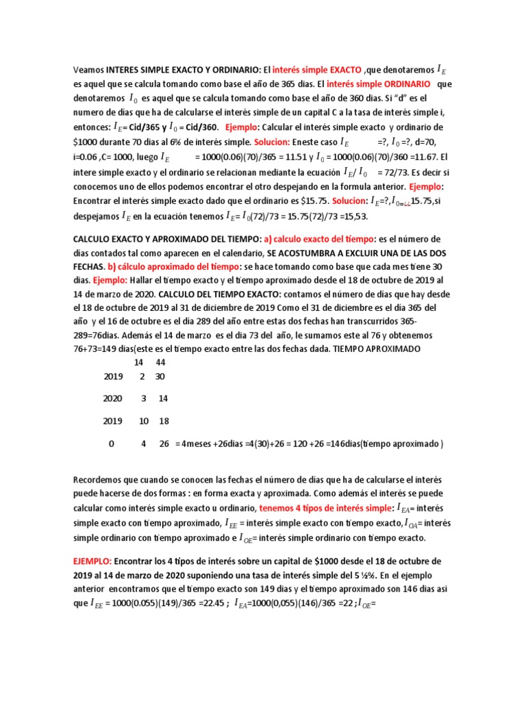 Interes Simple Exacto y Ordinario | PDF | Interés | Economias