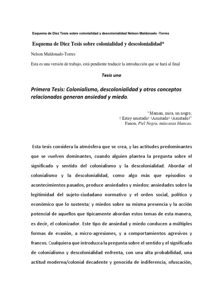 Nelson Maldonado-Torres Diez Tesis Sobre Colonialidad-Decolonialidad ...