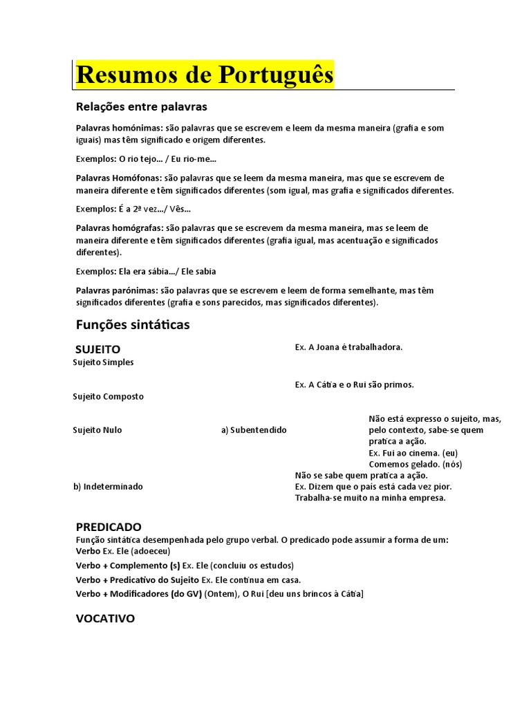 Resumos De Português Pdf Assunto Gramática Pronome