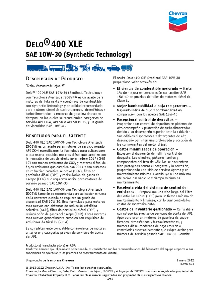 Delo 400 Xle 10w30 | Descargar gratis PDF | Lubricante | Motor diesel