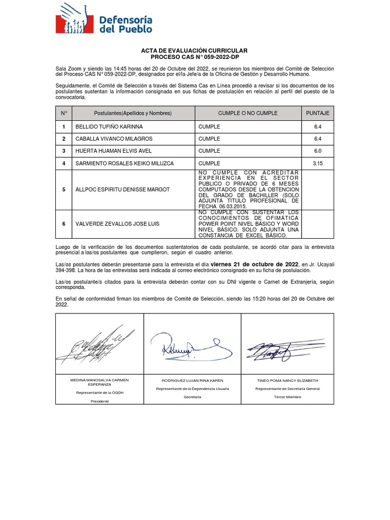 4 Acta Evaluación Curricular CAS 59 2022 DP | PDF