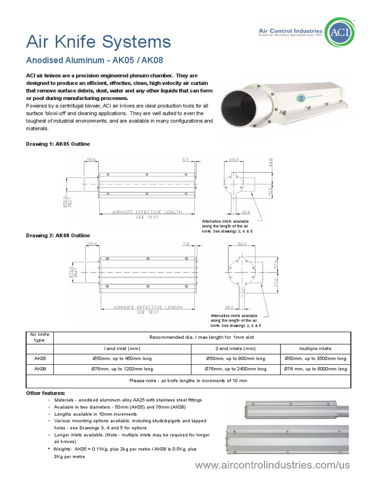 Airknives - Full Set Data Sheets | PDF | Duct (Flow) | Knife