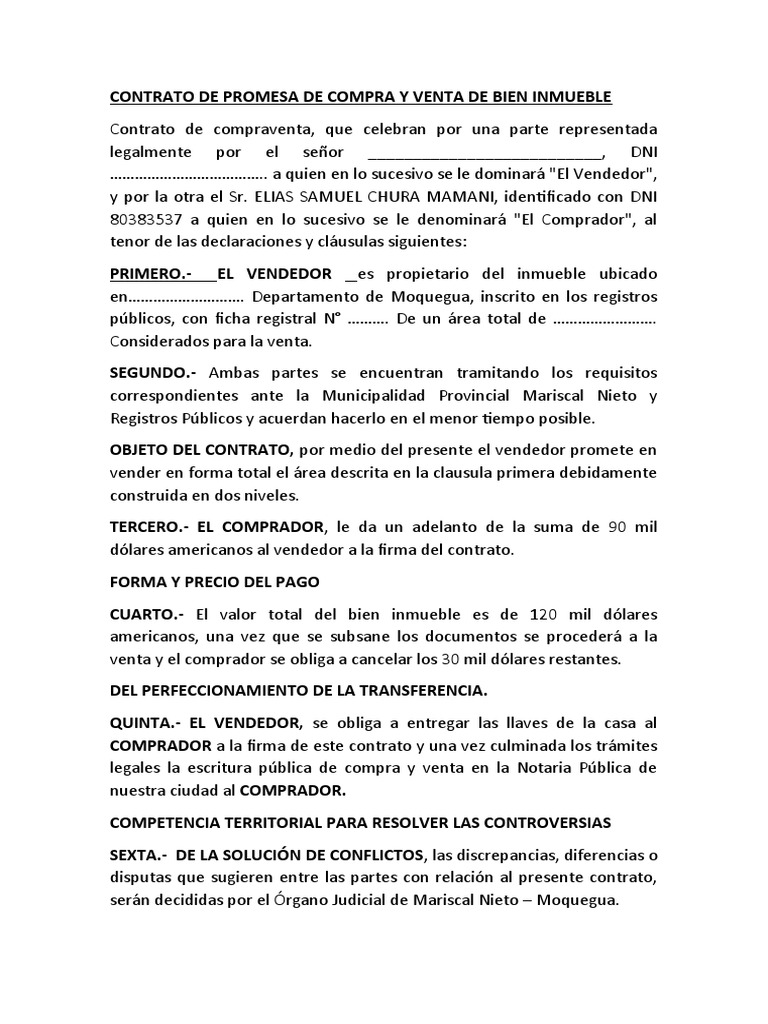 Contrato de Promesa de Compra y Venta de Bien Inmueble | PDF | Derecho civil (sistema legal ...