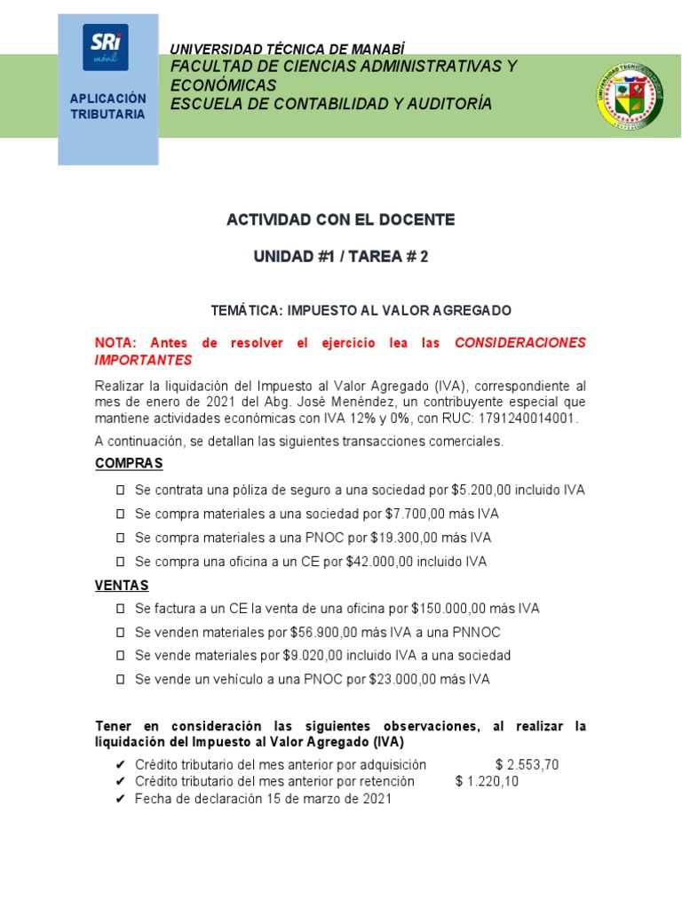 Unidad # 1 - Tarea # 2 - Actividad Con El Docente | PDF | Impuesto al valor agregado | Contabilidad