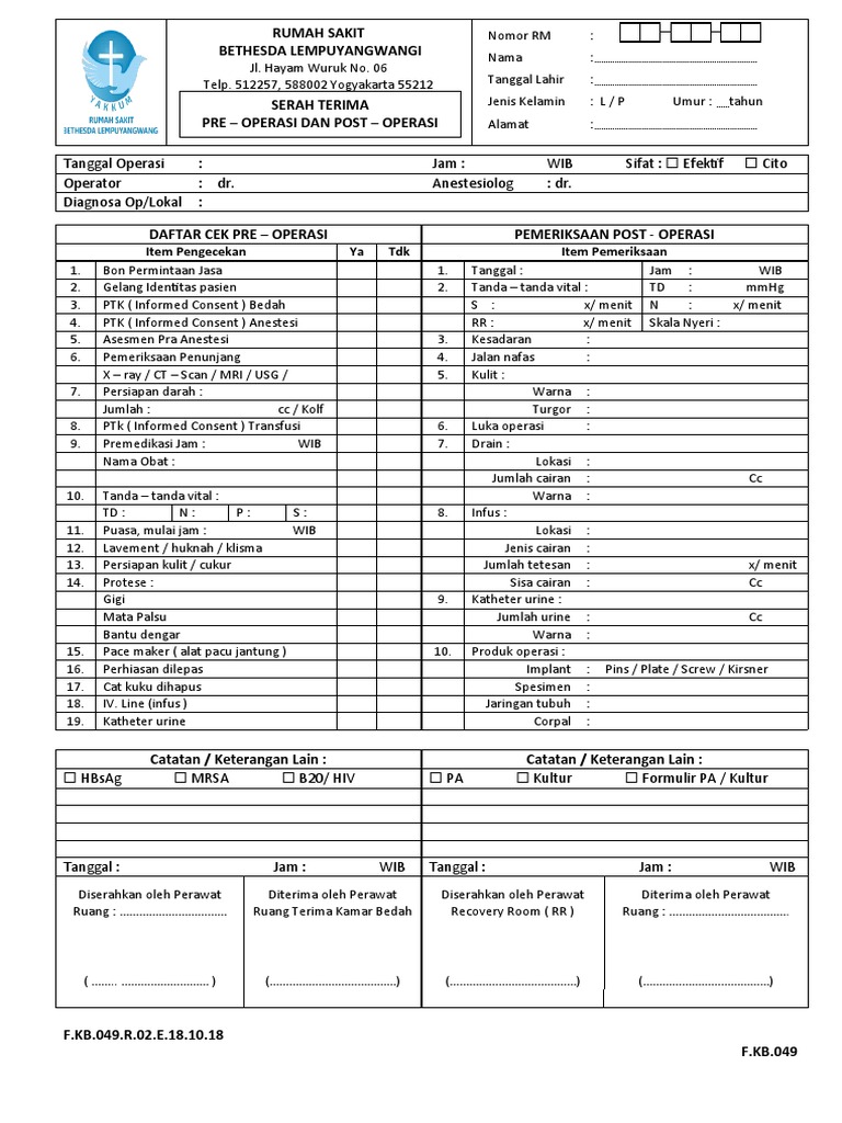 Serah Terima Pre Dan Post Operasi | PDF