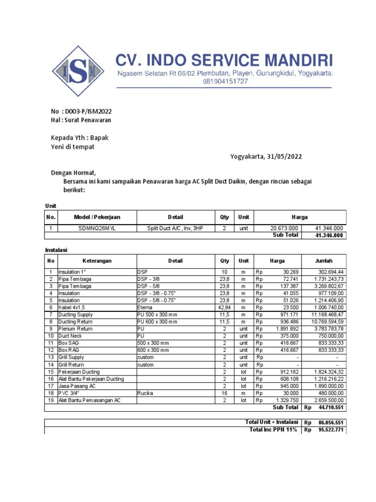 Penawaran AC Daikin Pak Yosep | PDF