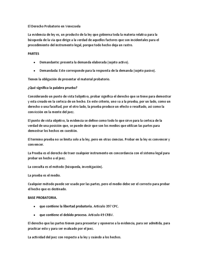El Derecho Probatorio en Venezuela | PDF | Evidencia (ley) | Ley procesal