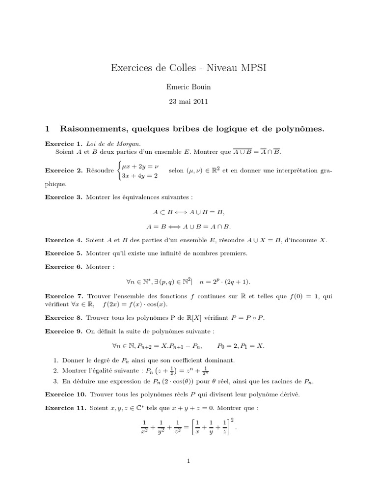 Exercices de Colles MPSI par Emeric Bouin | PDF | Groupe (Mathématiques ...