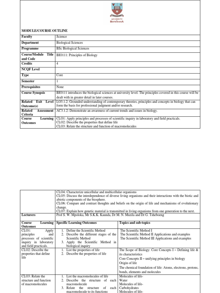 BIO111 Principles of Biology Course Outline 2022 | PDF | Cell (Biology ...