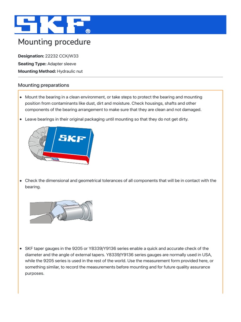 SKF Mount - 22232 CCK-W33 - Hydraulic Nut - Adapter Sleeve | PDF | Bearing (Mechanical ...