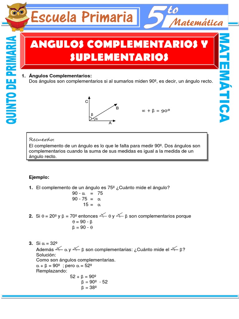 Ángulos Complementarios y Suplementarios para Quinto de Primaria | PDF | Ángulo | Medida Geométrica
