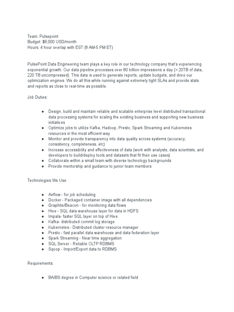 5709 Senior Data Engineer | PDF | Apache Hadoop | Apache Spark