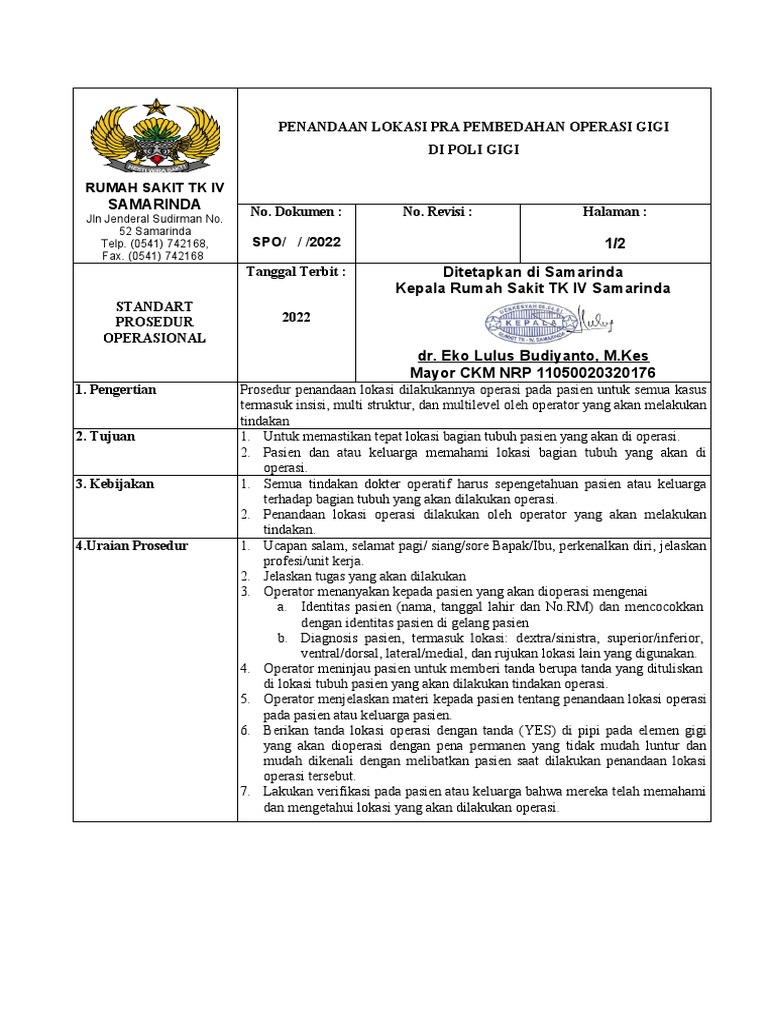 Sop Penandaan Lokasi Pra Pembedahan Operasi Gigi | PDF