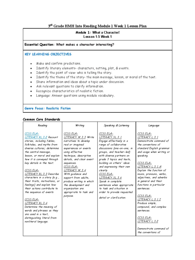 3 Grade Hmh Into Reading Module 1 Week 1 Lesson Plan Pdf Reading