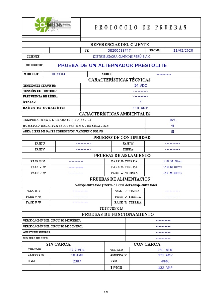 Pruebas de Alternador Prestolite BLD3314 | PDF | Cantidad | Bienes ...
