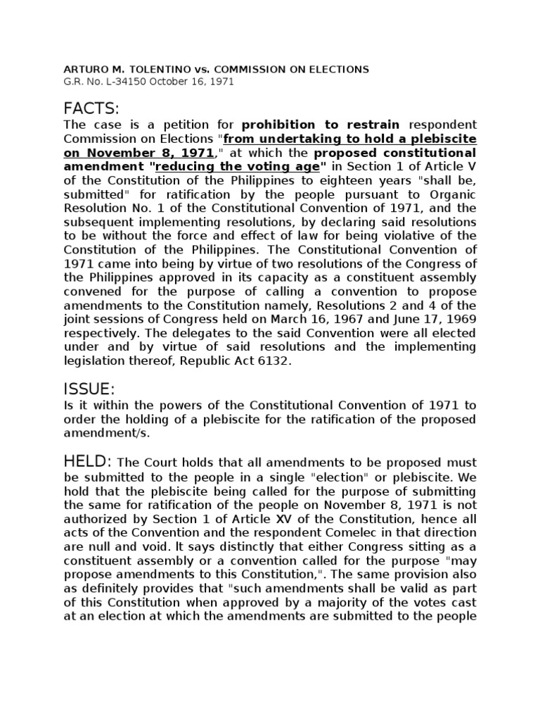 Tolentino vs. Comelec (Digest 1) | PDF | Constitutional Amendment | Ratification