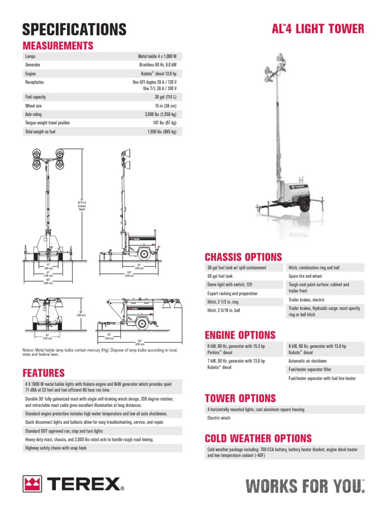 Specifications: AL 4 Light Tower | PDF | Trailer (Vehicle) | Diesel Engine